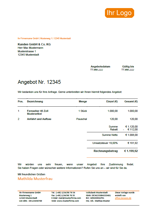 Kostenlose Angebotsvorlage zum Download von Lexware Office