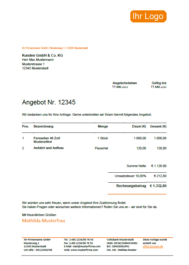 Kostenlose Angebotsvorlage zum Download von Lexware Office