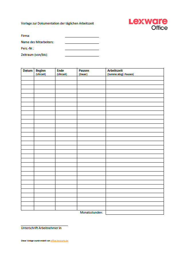 Stundenzettel Vorlage ausfüllen