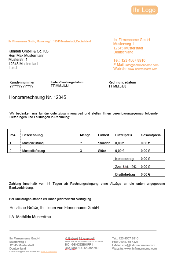Honorarrechnung Muster: Kostenloser Download