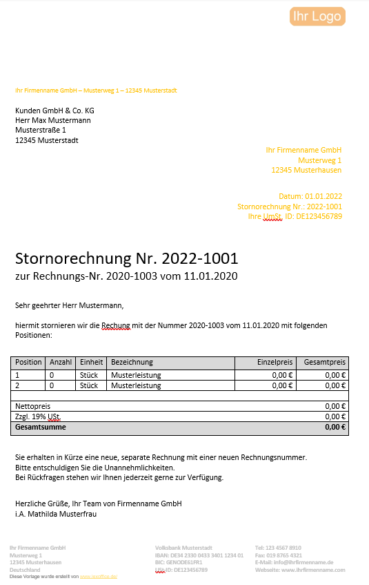Stornorechnung mit Vorlage erstellen